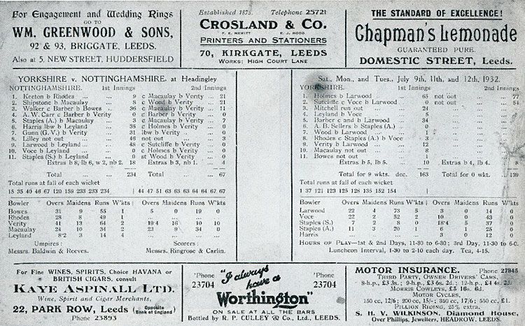 The scorecard from the match where Hedley Verity took 10 for 10 ...