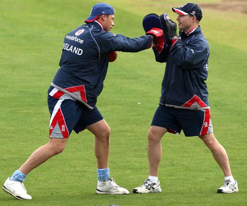 Andrew Flintoff tries his hand at boxing during a nets session ...