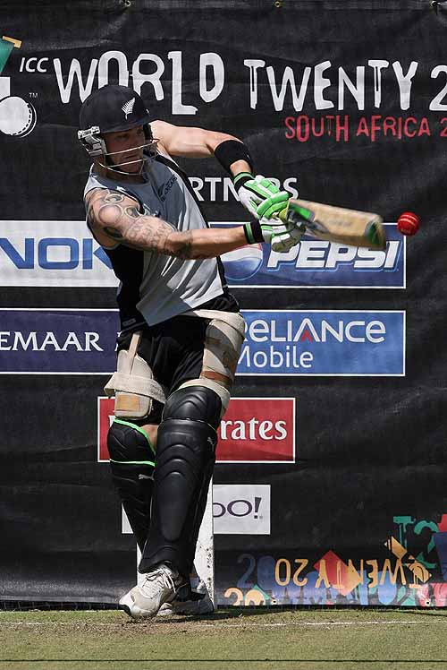 Brendon McCullum attempts to guide a ball through the leg side ...
