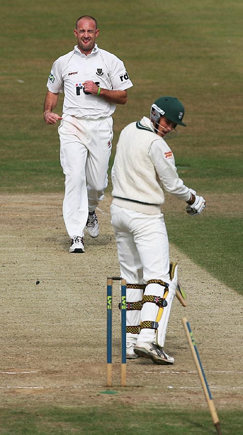 Richard Jones loses his off stump to Jason Lewry | ESPNcricinfo.com