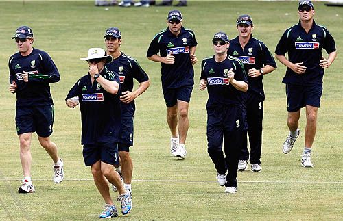 The Australian players take a jog during practice | ESPNcricinfo.com