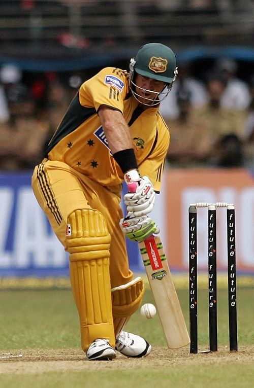 Matthew Hayden plays an off-drive during his half-century ...