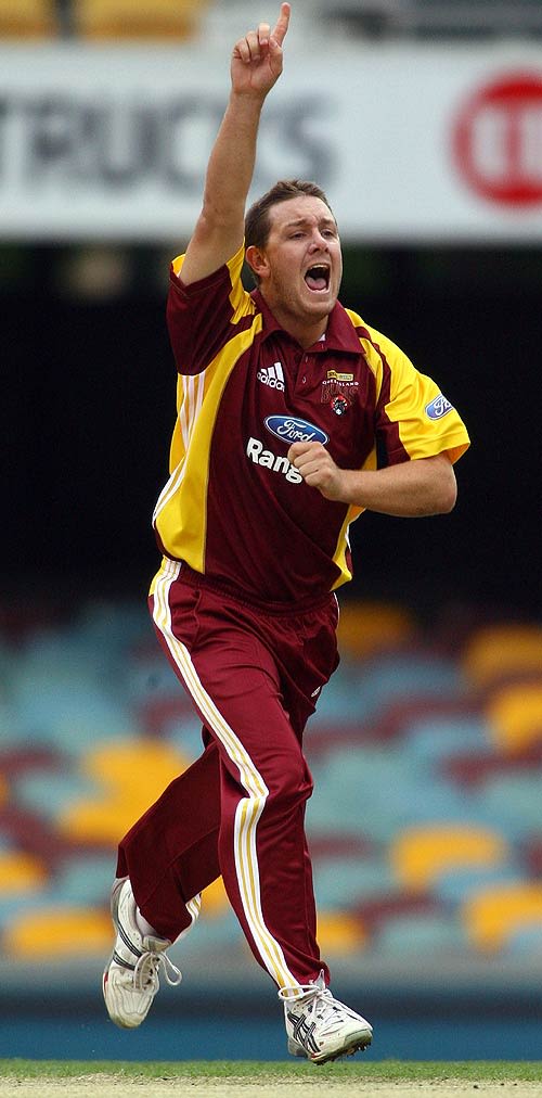 Craig Philipson celebrates taking a wicket with his first ball ...