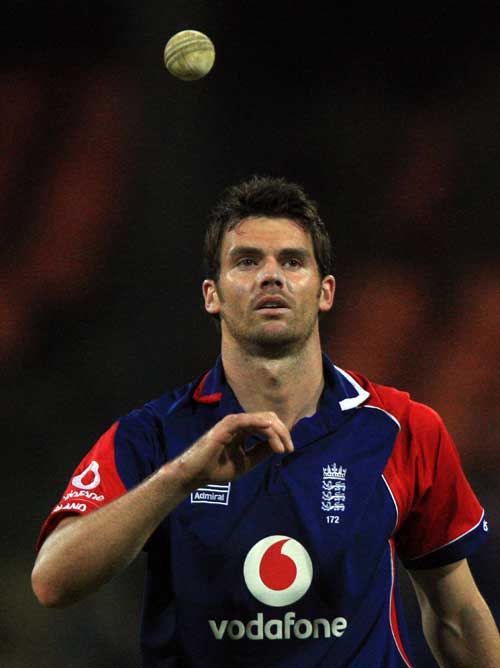 James Anderson throws the ball at the top of his bowling mark ...