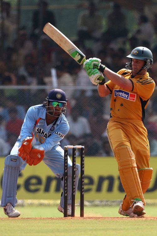 Adam Gilchrist swings the ball to the leg side during his 79 ...