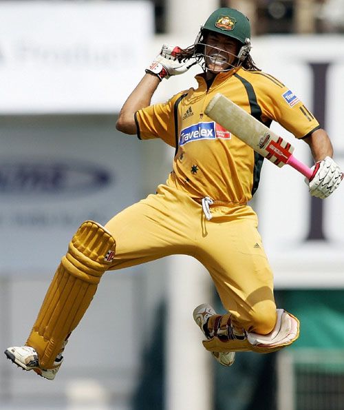 Andrew Symonds jumps for joy after reaching his sixth ODI century ...