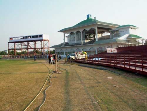 A view of the pavilion of the Tau Devi Lal Cricket Stadium ...