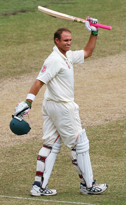 Matthew Hayden celebrates reaching a hard-fought century | ESPNcricinfo.com