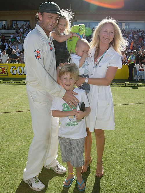 Adam Gilchrist with wife Mel and children Annie, Harry and Archie ...