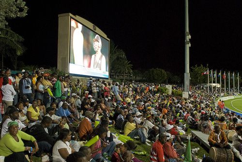 A giant screen relays the on-field action at the Stanford Cricket ...