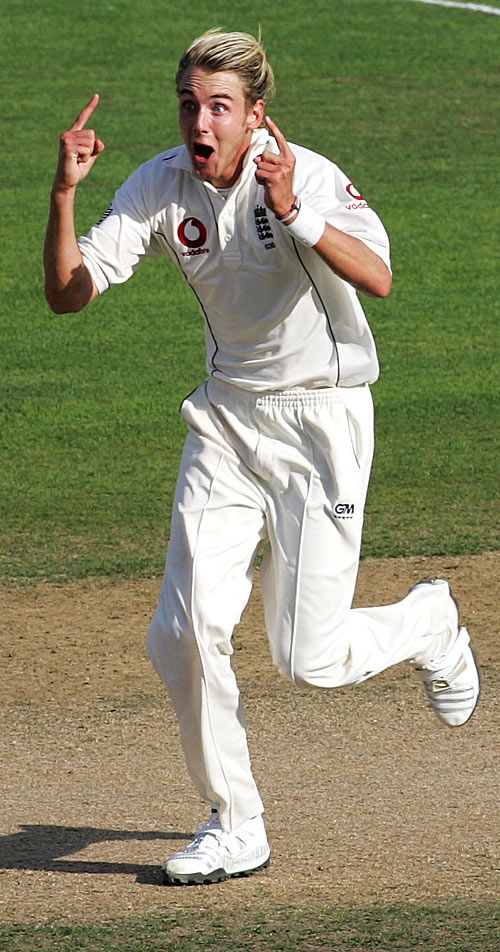 A delighted Stuart Broad celebrates one of his two wickets ...