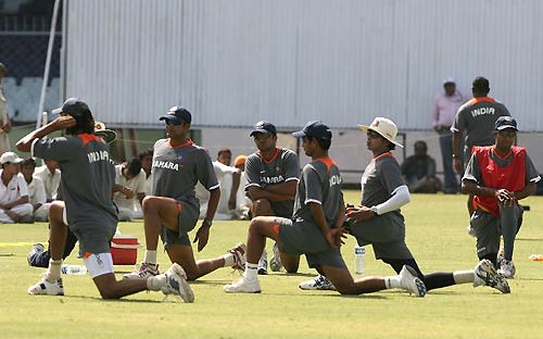 Indian players do some stretching exercises ahead of the third Test ...