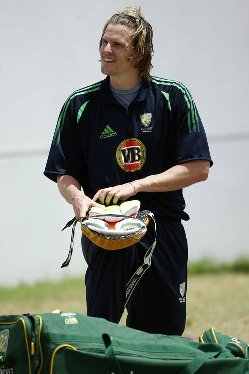 Nathan Bracken pads up at a net session | ESPNcricinfo.com