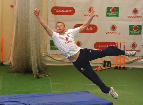 Look at him fly: Andrew Flintoff takes part in fielding practice with ...