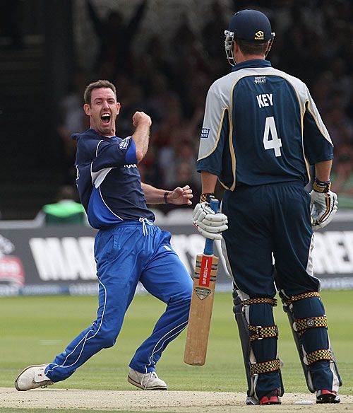 David Masters celebrates the crucial early wicket of Rob Key ...