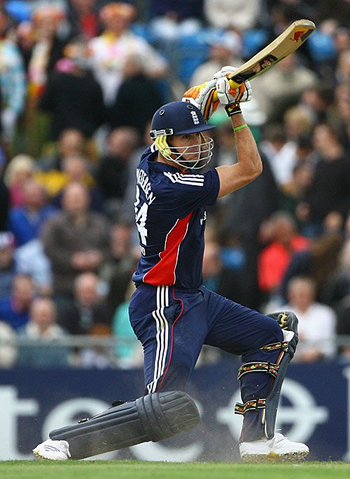 Kevin Pietersen goes inside out and drives through extra cover ...