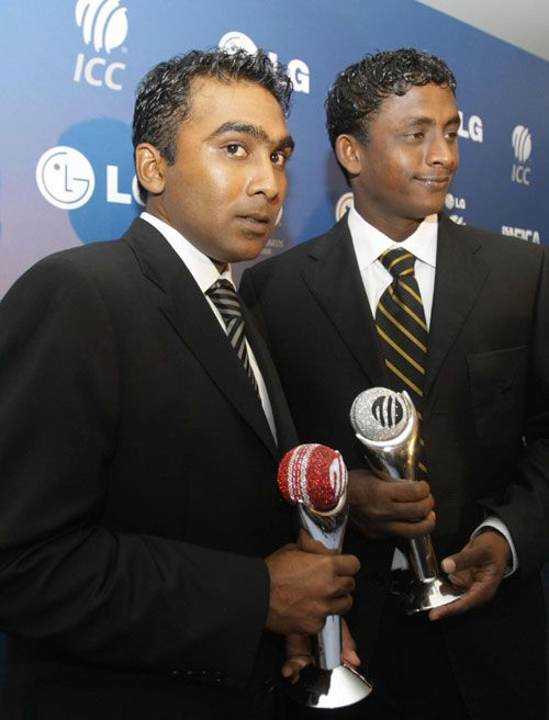 Ajantha Mendis and captain Mahela Jayawardene pose for a picture with ...