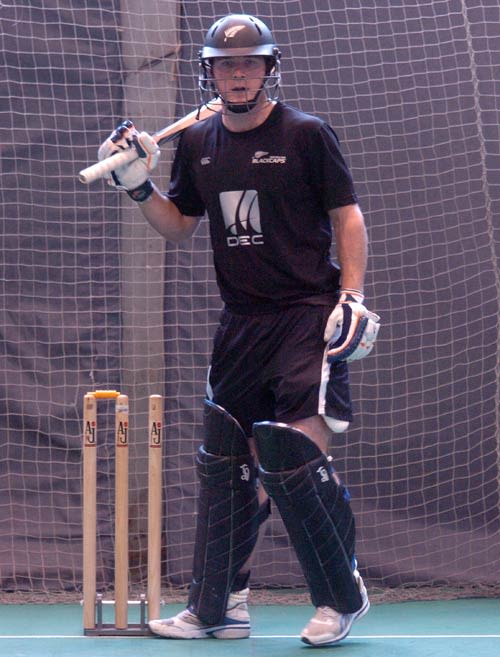Jamie How prepares to bat during an indoor practice session in Mirpur ...