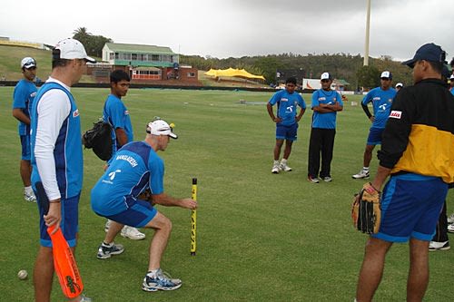 The Bangladeshi players with Jamie Siddons at a fielding drill ...