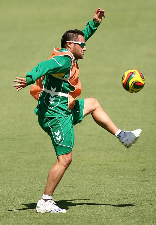 Mark Boucher enjoys a game of football during the practice session at ...