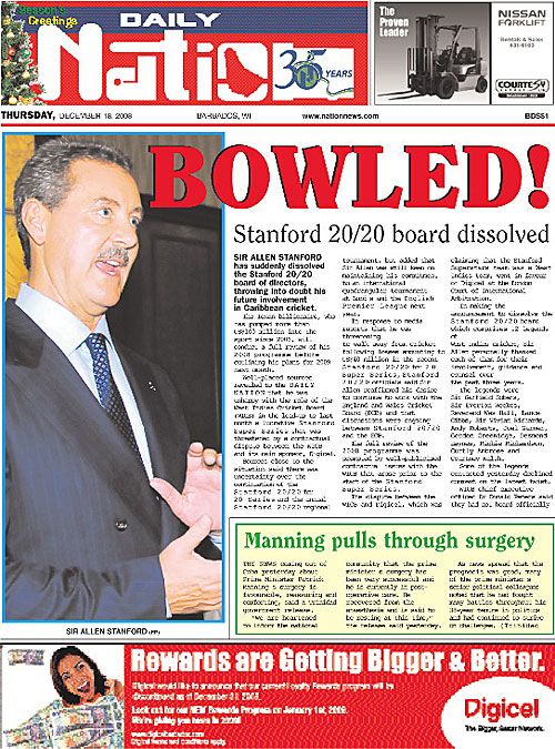 The front page of Barbados' Daily Nation on the latest Stanford crisis ...