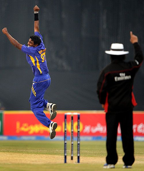 Thilan Thushara jumps in joy after Kamran Akmal is adjudged lbw ...