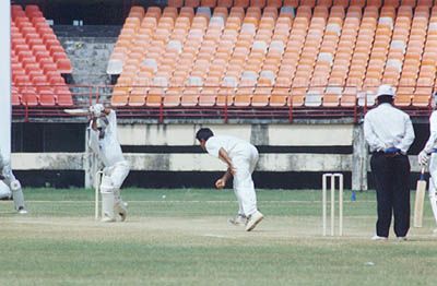 A splendid cover drive by Prashanth Menon for four off Rajat Bhatia ...
