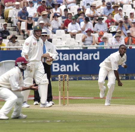 West Indies opening bowler Fidel Edwards sends down a delivery at ...
