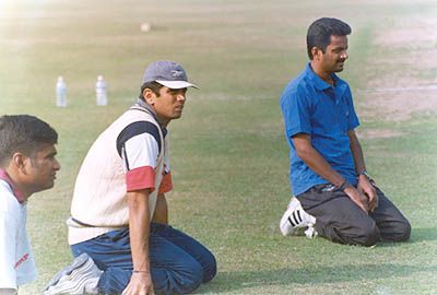Balaji Rao, Rahul Dravid and Venkatapathi Raju at a practice session ...