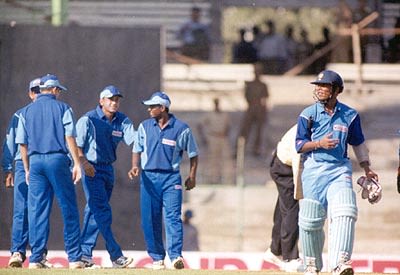 India A fielders congratulate Sriram after he brilliantly ran out SS ...