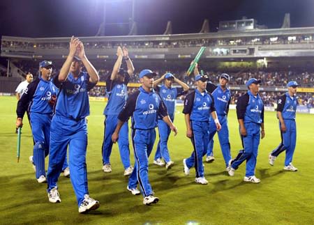 England players walk from the field after winning the match. 4th ODI ...