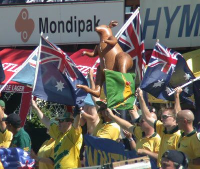 Aussie supporters celebrate the fall of another South African wicket at ...