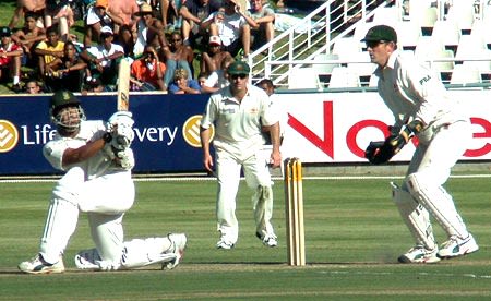Paul Adams sweeps at a Shane Warne delivery against Australia at ...