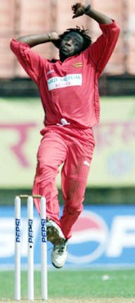 Douglas Hondo at the top of his bowling action during his Man of the ...