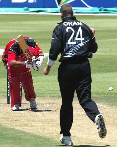 Canada's Austin Codrington looks down after being bowled out by New ...