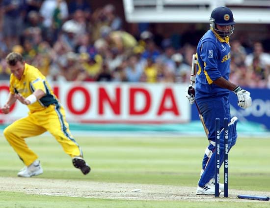 Atapattu turns around to see his stumps scattered by the Brett Lee ...