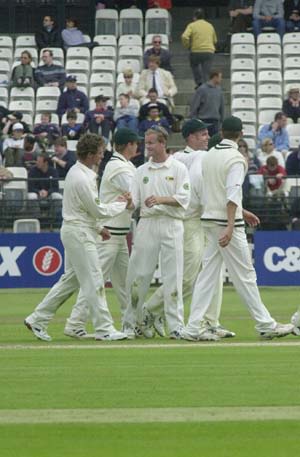 Guy Whittall gets the congrats after getting the wicket of Nick Knight ...
