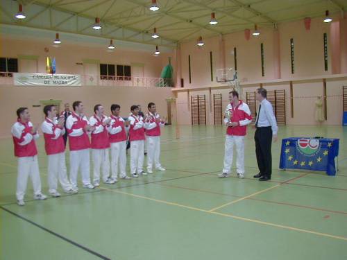 Roger Knight presenting the trophy to Portugal the winners of the 2001 ...