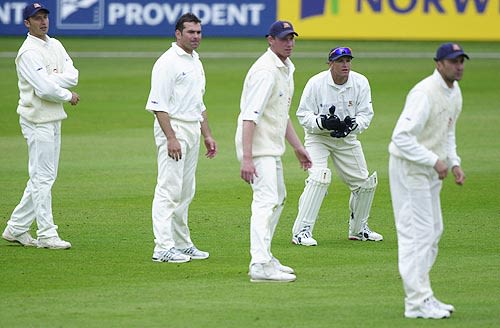It went where ? ; Essex slips from left to right, Hussain, Robinson ...