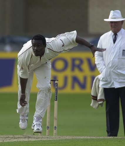 Carl Greenidge of Northants enjoying his bowling at Trent Bridge ...