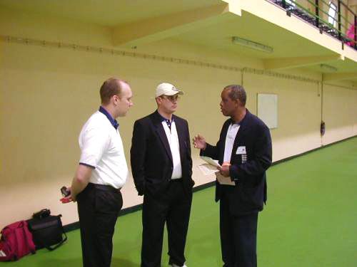 John Holder (right) briefing other umpires at the Indoor Tournament ...