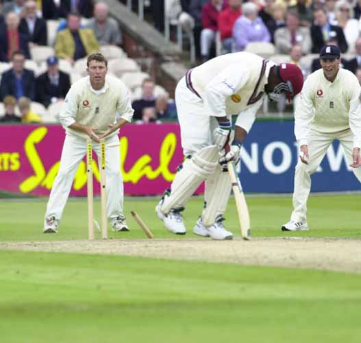 Ridley Jacobs is clean bowled by Caddick for 5 at Manchester ...