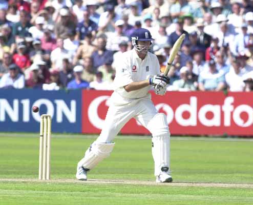 Andy Caddick sees the ball just miss his stumps in his innings of 3 ...