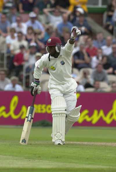 Sherwin Campbell points the way for the Windies in the second innings ...