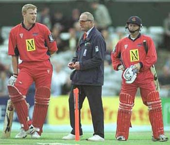 An anxious looking Fairbrother as he awaits the third umpires decision ...