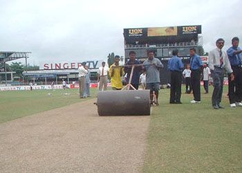 A long shot of the pitch at the Sinhalese Sports Club Ground with a ...