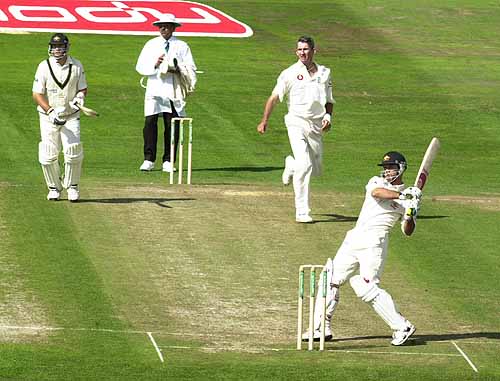 Ricky Ponting hooks Caddick for four runs into the West Terrace Stand ...