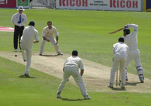 Ganguly manages to shift silly mid off Flintoff from a Vaughan delivery ...
