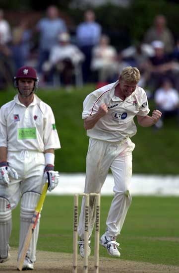 Jamie Cox is aghast as Peter Martin traps him lbw for 1 at the start of ...