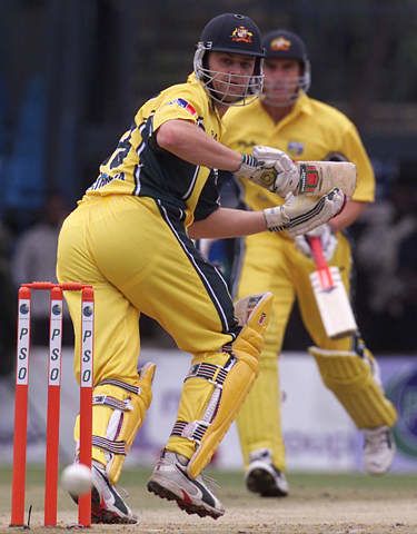 Adam Gilchrist plays the ball to fine leg against Pakistan ...